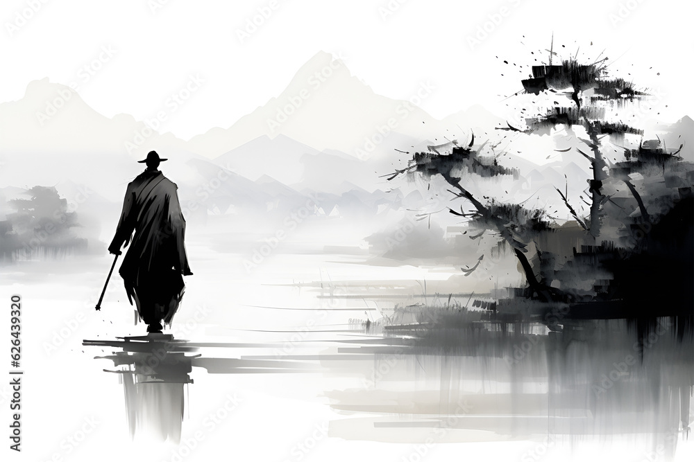 samurai and lake illustration in Chinese brush stroke calligraphy in ...