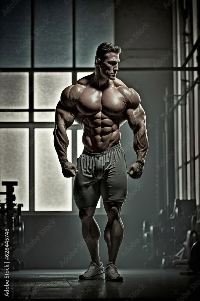 Caucasian bodybuilder posing shirtless in a gym. Full-body shot Stock ...