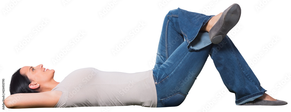 Digital png photo of happy caucasian woman lying down on transparent ...