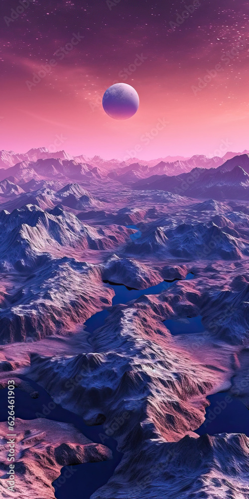 Unreal blue and purple terrain with planet landscape background,an ...