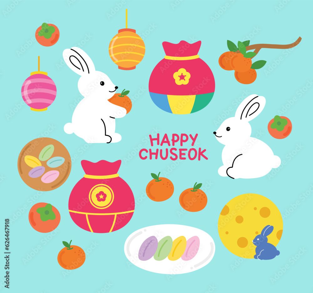 Happy Chuseok icons such as rabbit, orange, rice cake, moon, lantern ...