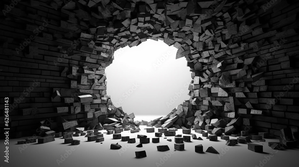 hole in the black brick wall white light from the hole abstract ...