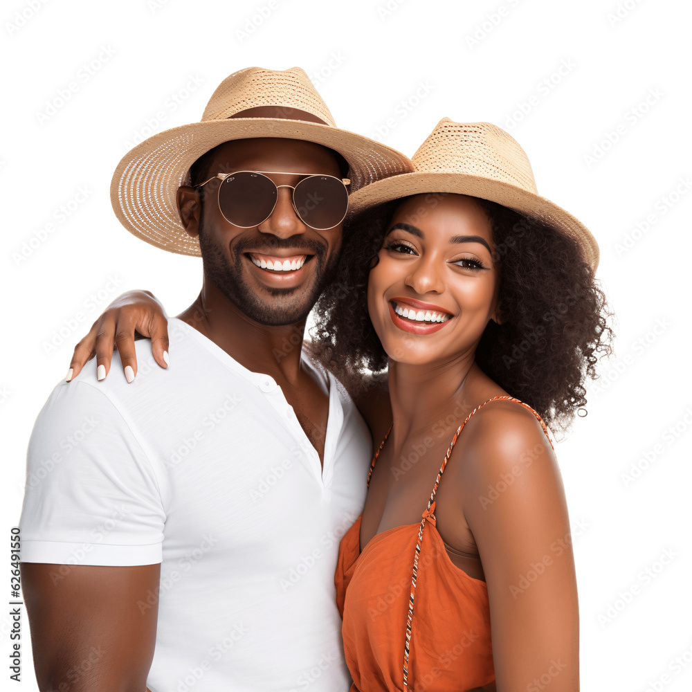 Attractive black couple in summer vacation outfit isolated on ...