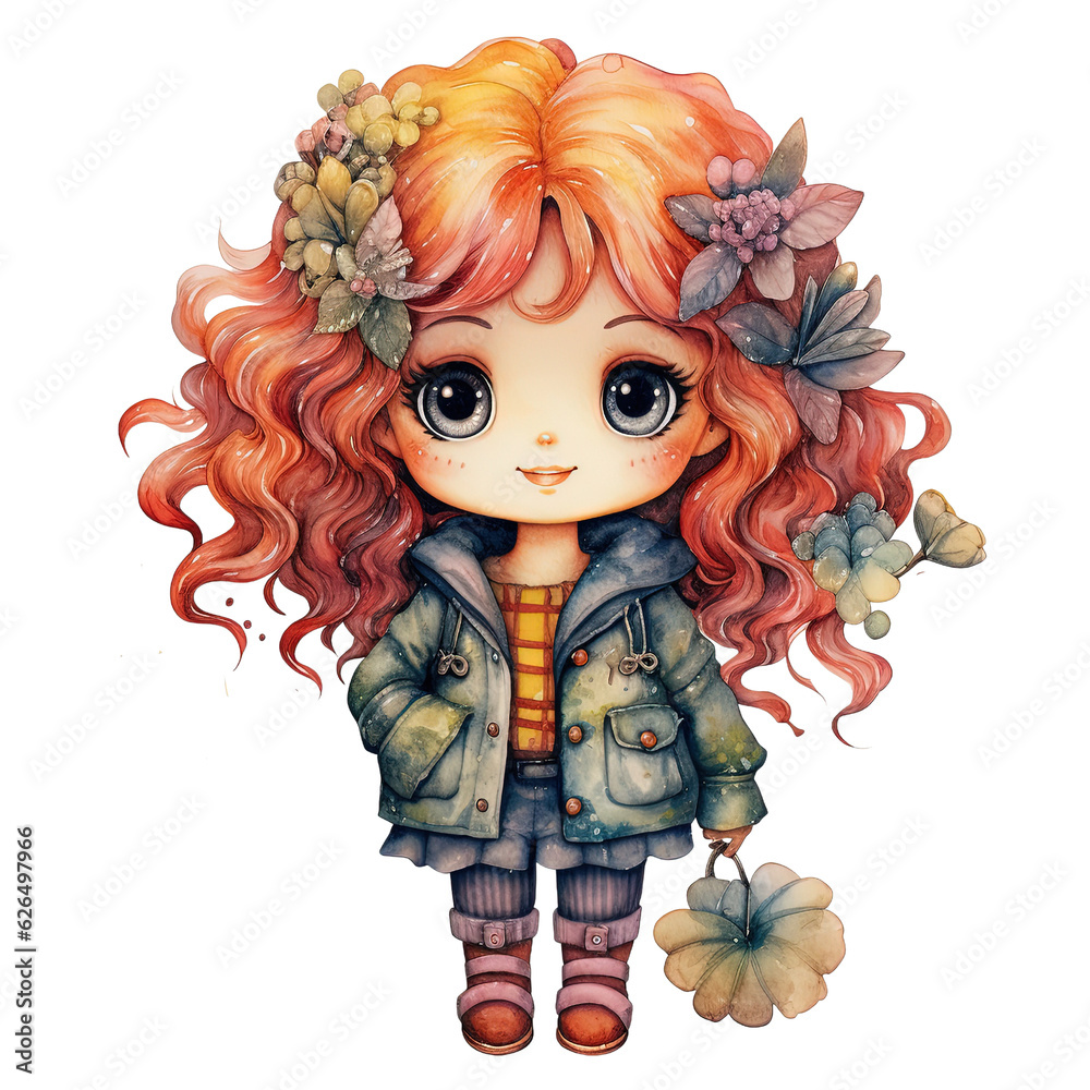 Retro girl with a doll watercolor Illustration Clipart cartoon isolated ...