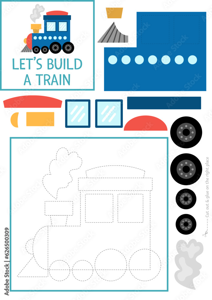 Vetor Lets build a train cut and glue activity. Transportation ...