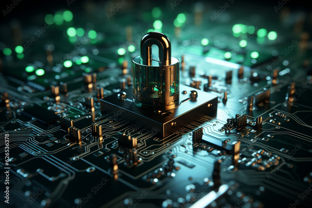 Cybersecurity concept depicting a padlock on top of a microchip board, symbolizing protection ...