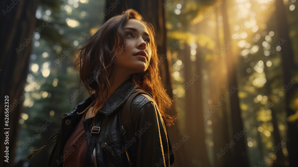 Young Woman in the Redwood Forest. Wearing Leather Jacket. Taking in ...