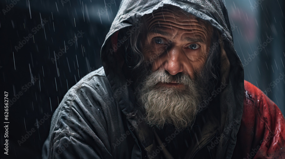 Homeless Man Staring Into the Camera. Rainy Day and Hood on Head. Long ...