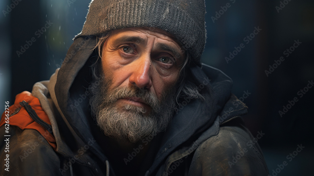 Hooded Homeless Man Looking Defeated. Wearing Beanie, Close Up Portrait ...