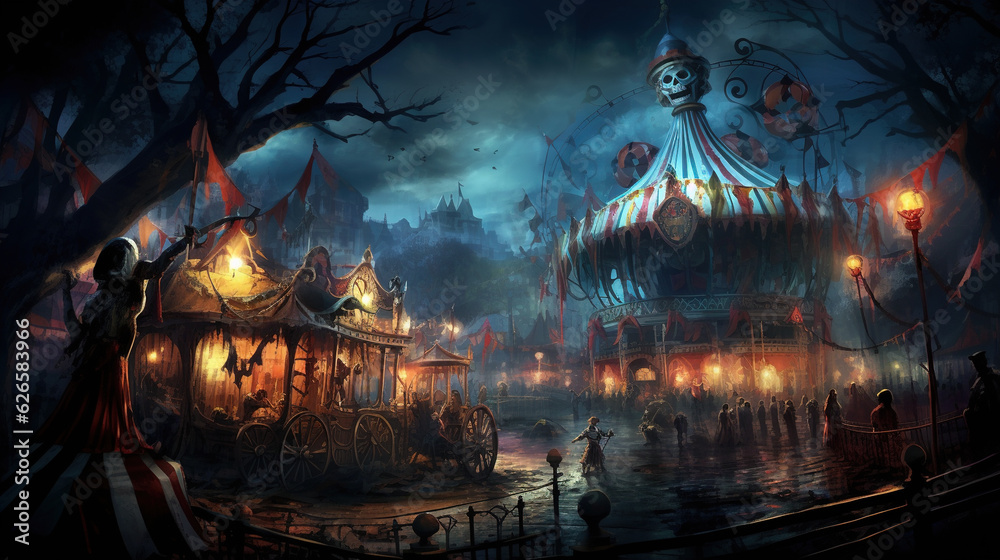 Ilustración de Stock "Ghoulish Carnival" A creepy carnival-themed ...