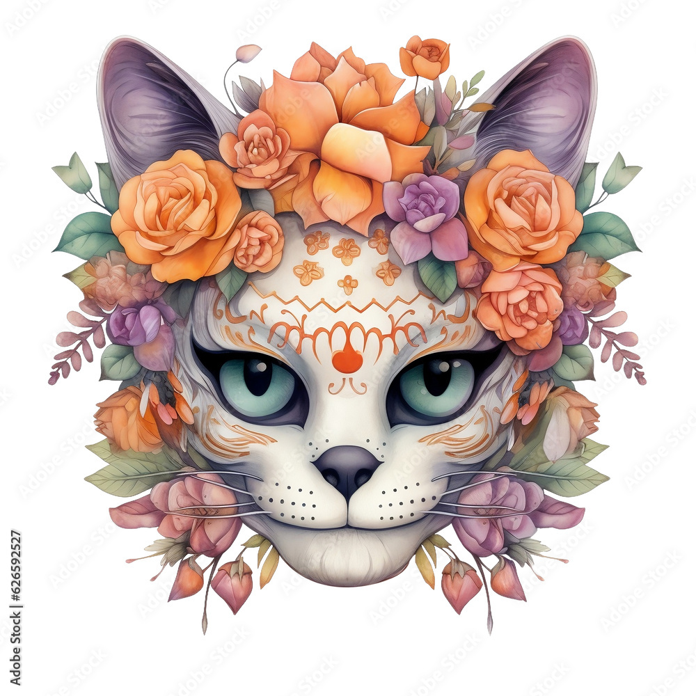 Fantasy Cat Watercolor Clipart, Day of the Dead Cat Illustration, Dia ...