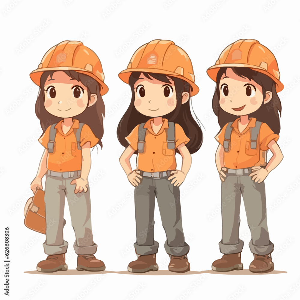 Cartoon girl dressed as a builder, vector pose, young kid, cartoon ...