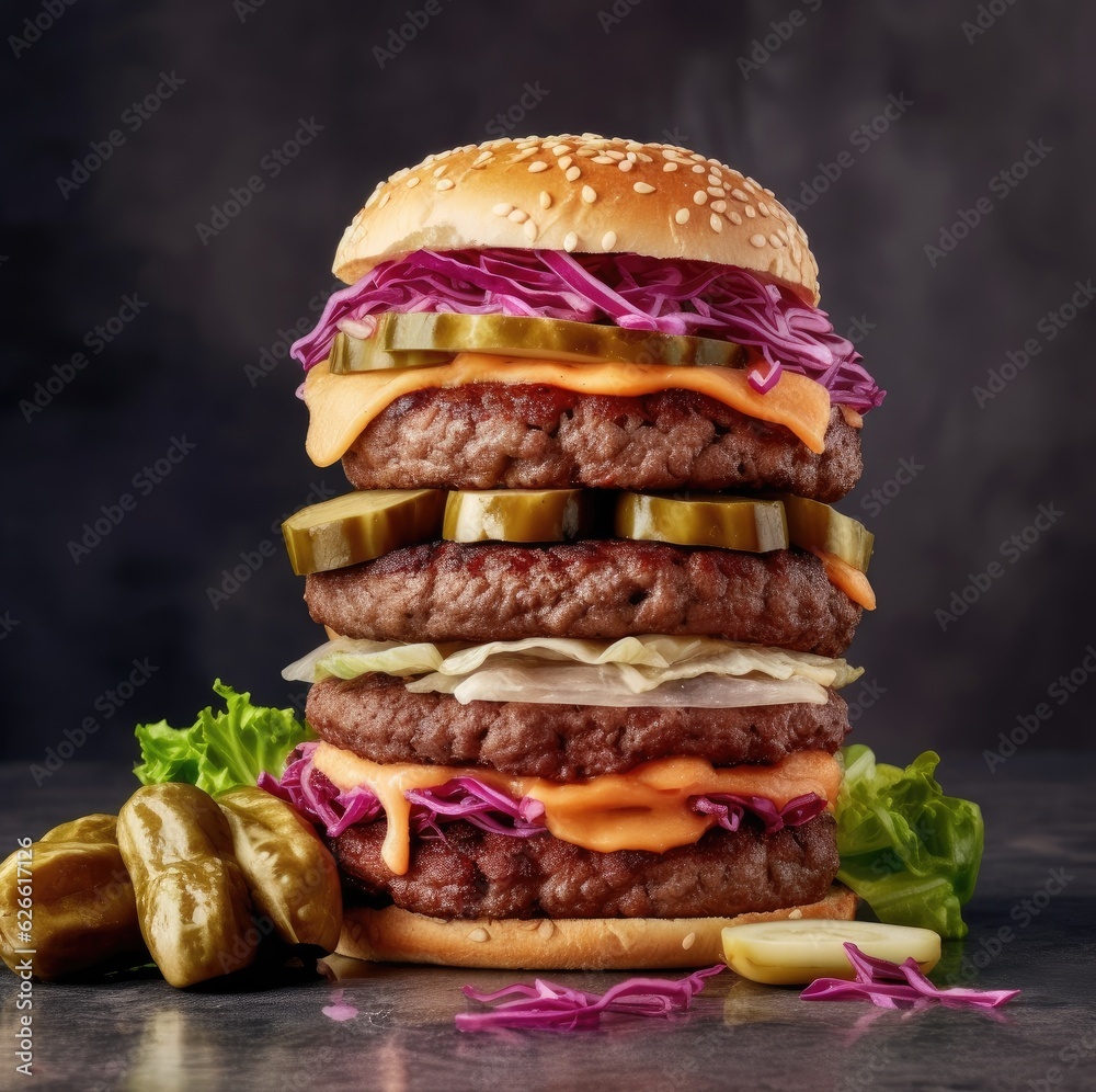 Biggest 4 four beef patties burger with purple cabbage pickles white ...