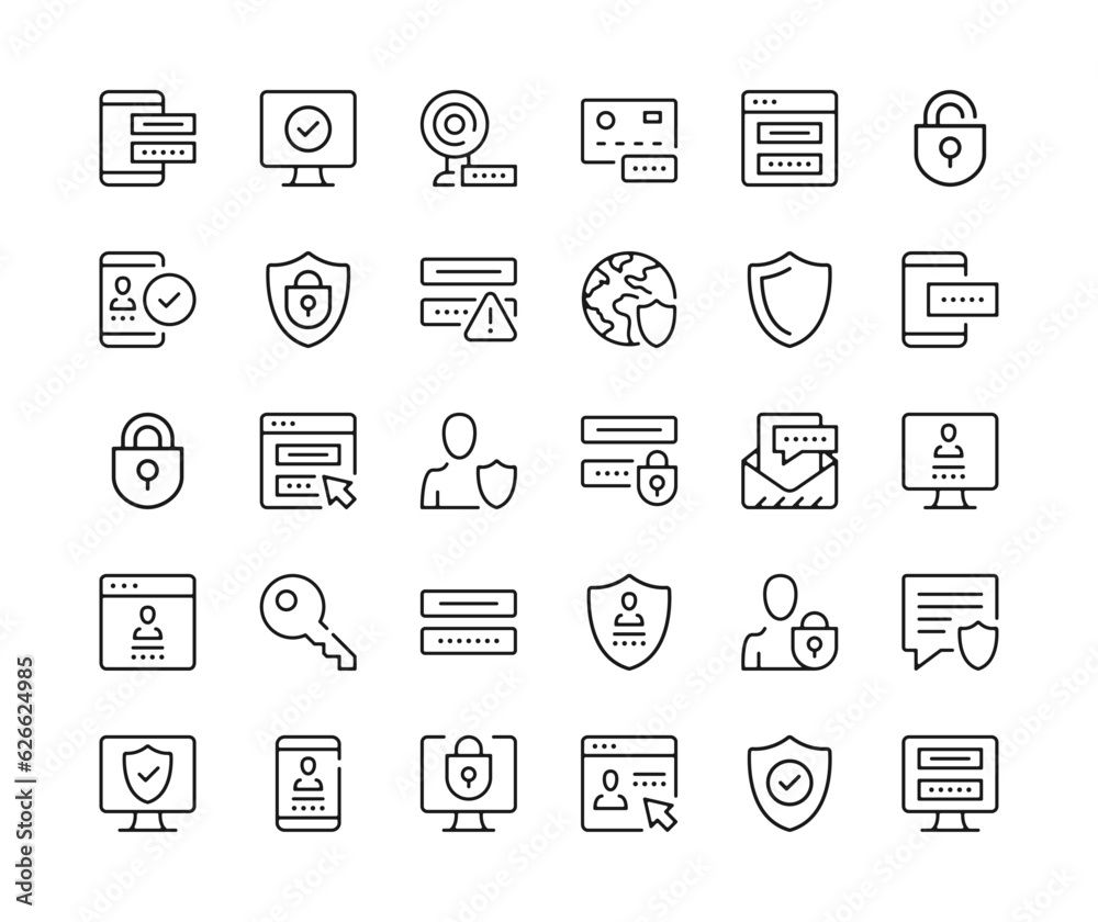Password. Vector line icons set. Computer protection, safety, cybersecurity, privacy, online ...