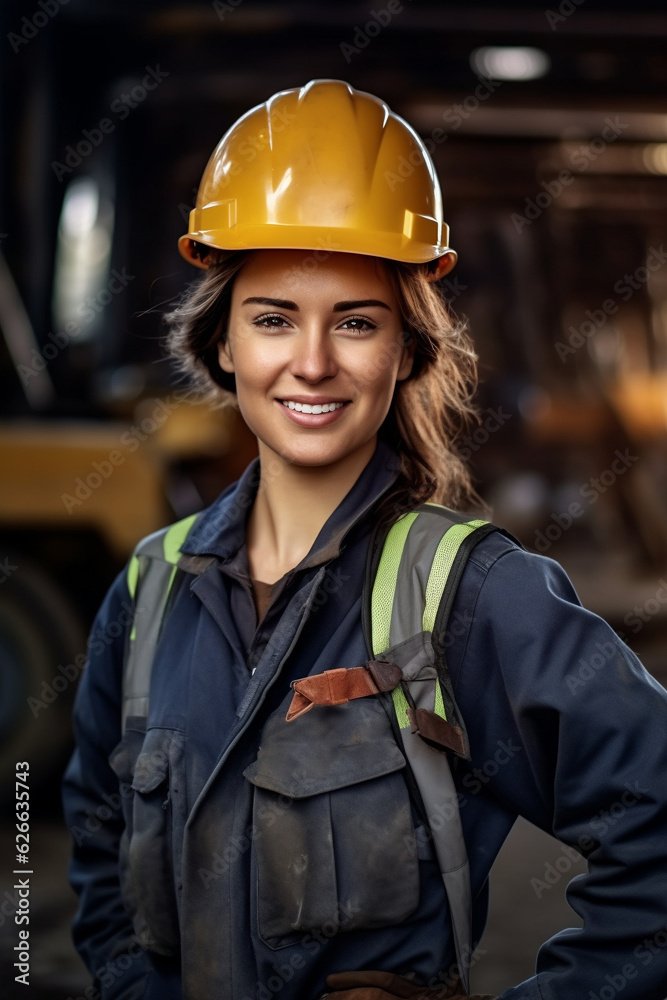 Young beautiful woman in work clothes and a protective helmet. In the ...