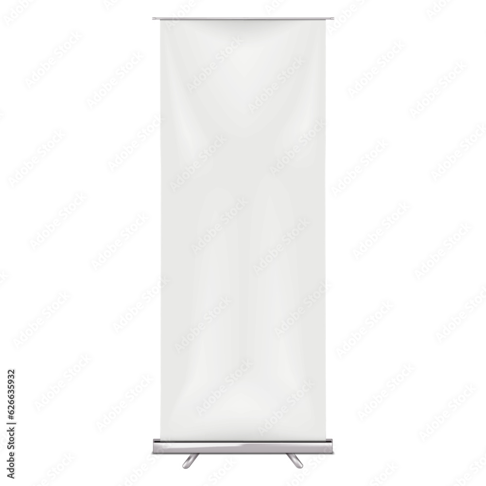 Blank vertical roll-up banner stand vector mock-up. Pull-up roller ...