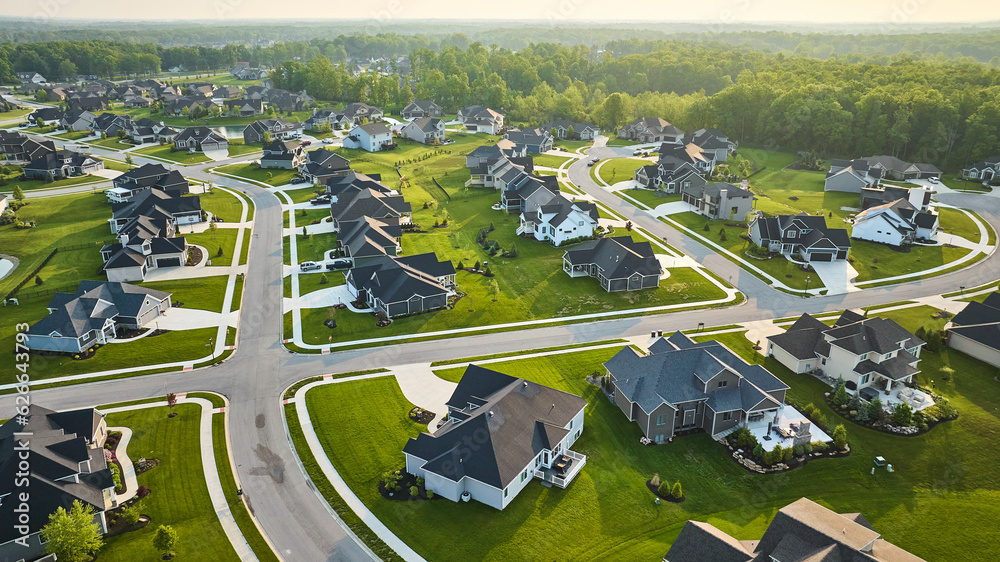 Rich expensive neighborhood aerial with mini mansions, high-end ...