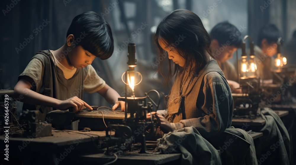 Child labour, group of young poor asian children forced to work in a ...