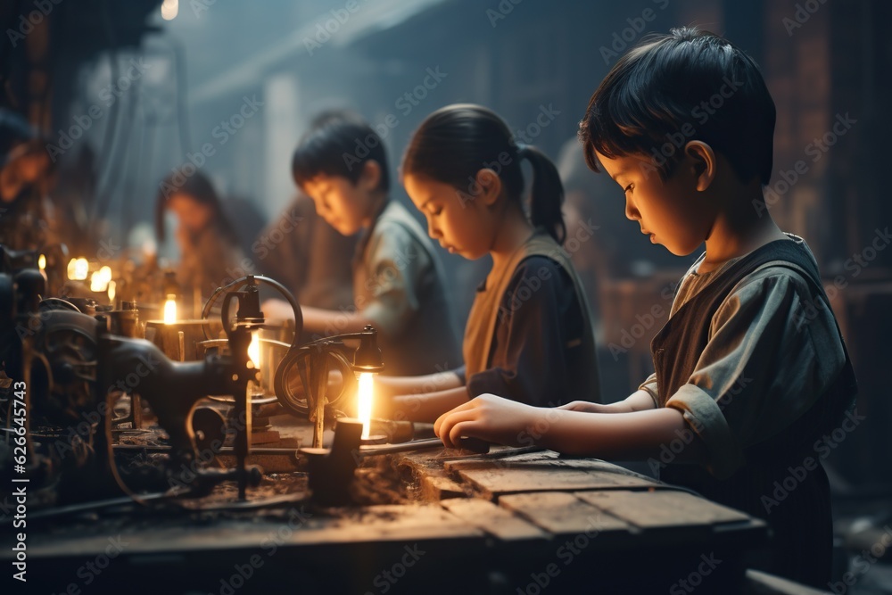 Child labour, group of young poor asian children forced to work in a ...