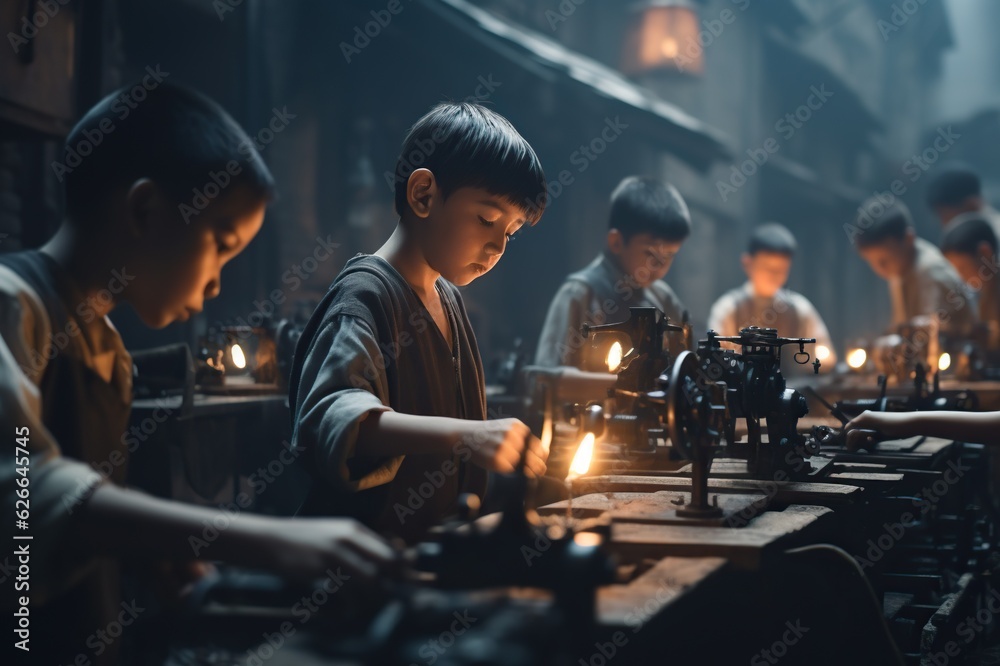 Child labour, group of young poor asian children forced to work in a ...