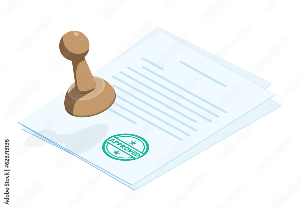 Isometric stamp over a document, a check mark and the word approved on ...