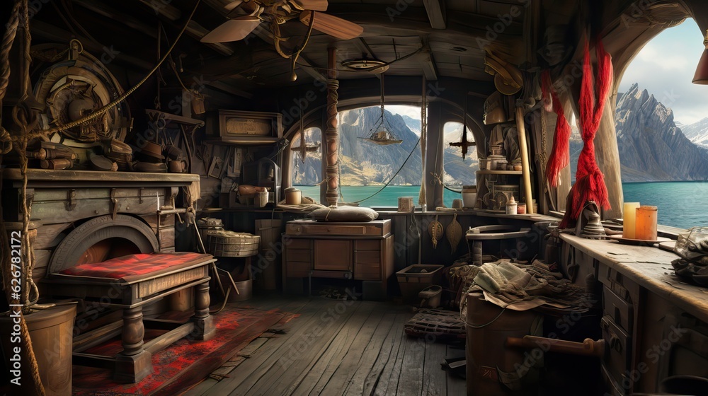 The rustic yet commanding cabin of a pirate ship's captain, filled with ...