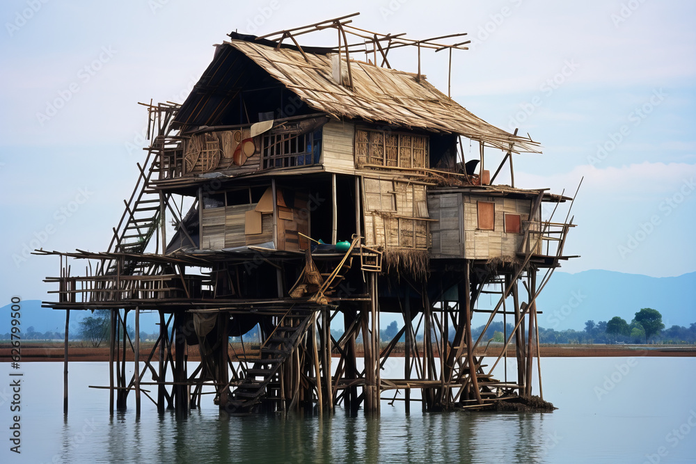 Stilt house, representing the unique architecture of Southeast Asia. Wooden house elevated on ...