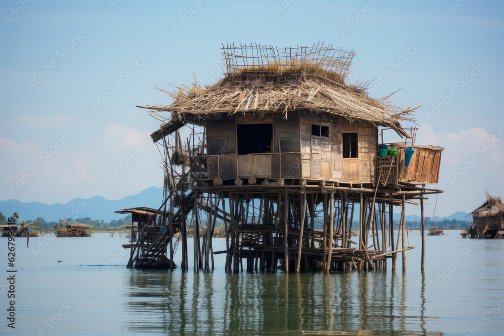 Stilt house, representing the unique architecture of Southeast Asia. Wooden house elevated on ...
