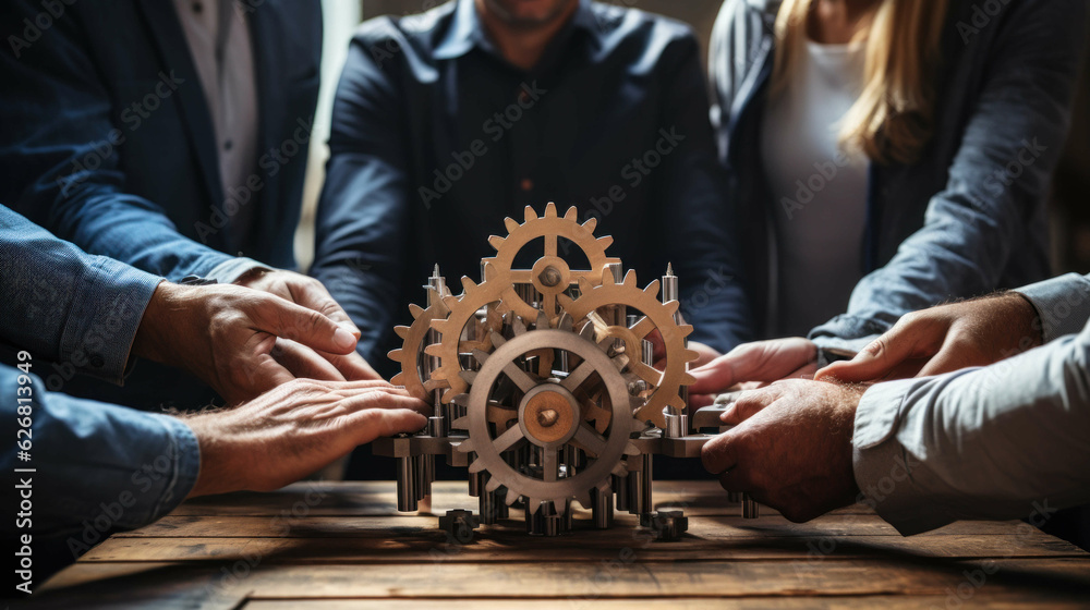 teamwork in action - group of people meticulously assembling gears on a ...