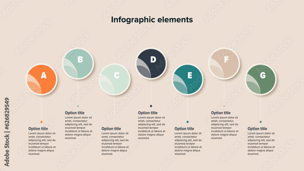 Business process chart infographics with 7 step circles. Round workflow graphic elements ...