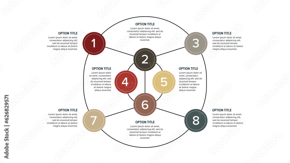 Business process chart infographics with 8 step circles. Round workflow graphic elements ...
