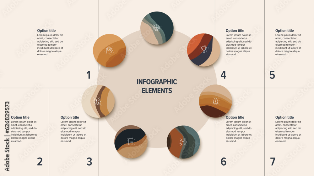 Business process chart infographics with 7 step circles. Round workflow graphic elements ...