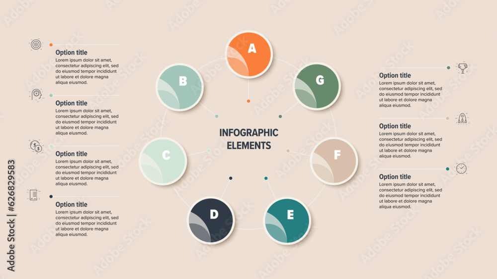 Stock-Vektorgrafik „Business process chart infographics with 7 step circles. Round workflow ...