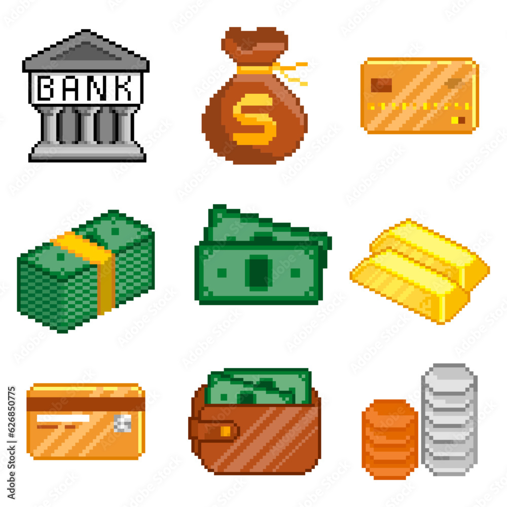 Pixel Art Cash Money icons set. Pixel Wallet with banknotes and Golden ...