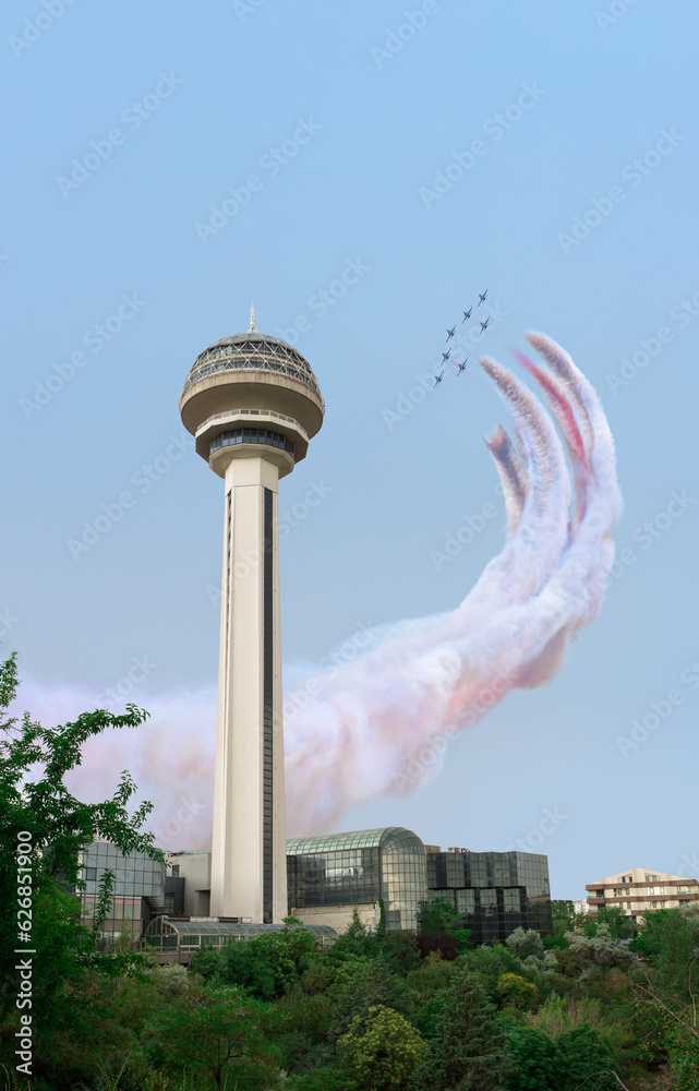 Air Force aerobatic team performing demonstration flight over Atakule ...