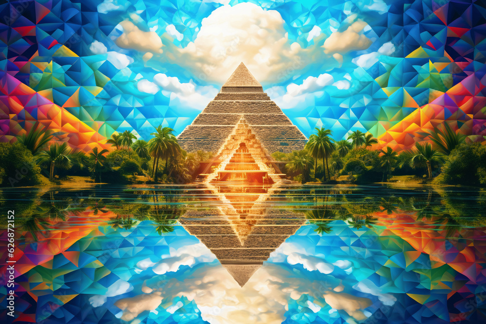An abstract kaleidoscope rendition of Chichen Itza, Mayan pyramid ...