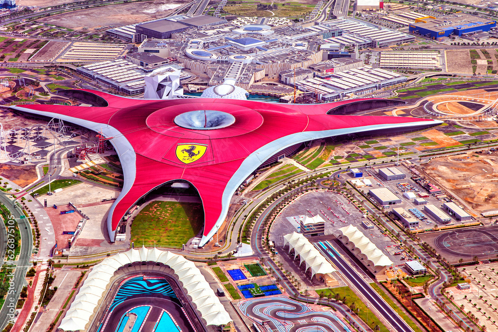 Aerial view of Ferrari World Park is the largest indoor amusement park ...