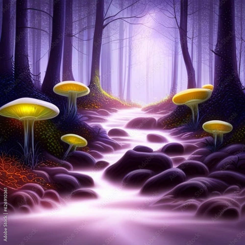 mystical forest with glowing mushrooms and a badding brook, surrounded ...