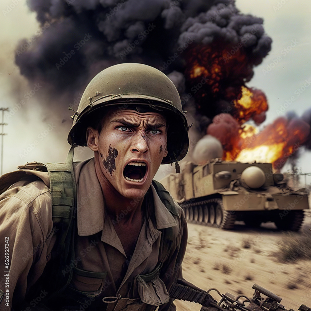 Realistic vintage war photo of angry open mouthed soldier in uniform ...