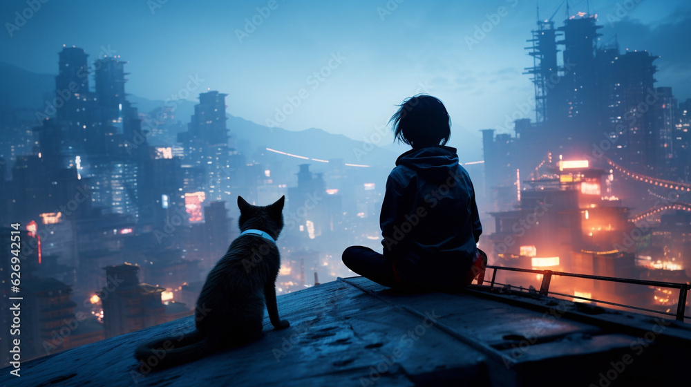 Stock-Illustration „Silhouette of a girl and a cat sitting on the roof of a building at night ...
