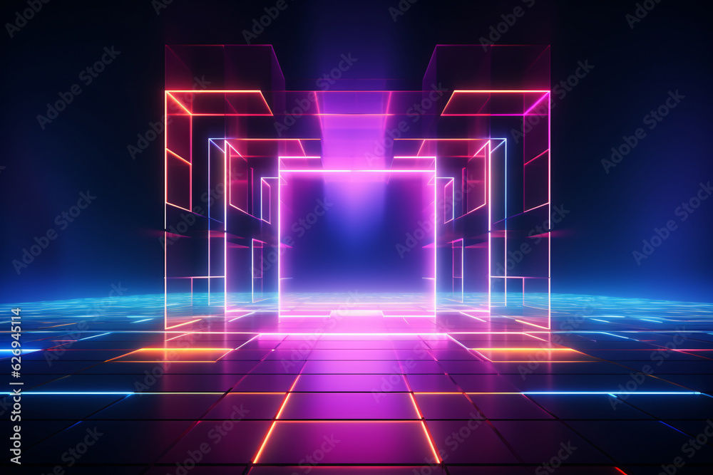 Abstract neon light geometric background. Glowing neon lines. Empty futuristic stage laser ...