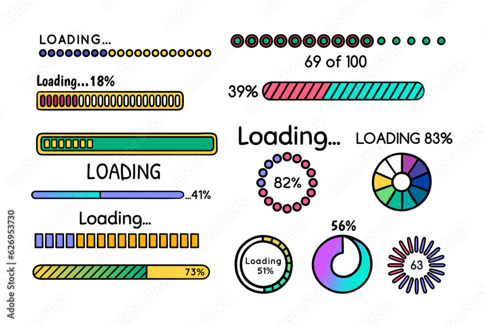 Cartoon Color Loading Progress Bar Icon Set Concept Flat Design Style. Vector illustration of ...