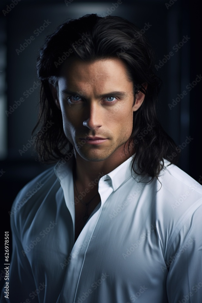 Sigma White Male with long Black Hairs and Blue Eyes dressing Black ...