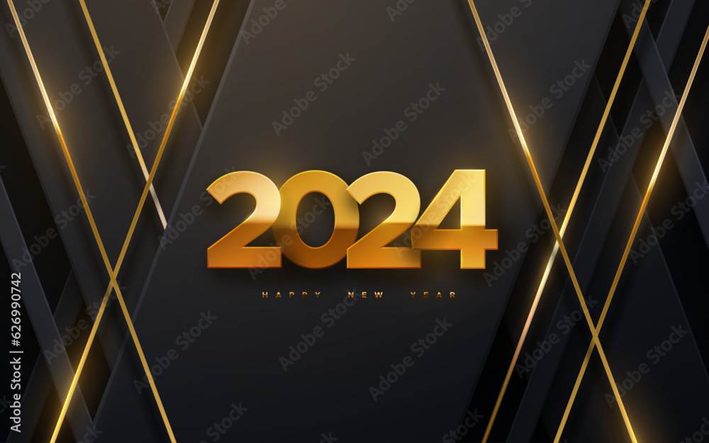 Happy New 2024 Year. Vector holiday illustration of golden numbers 2024 on black geometric ...