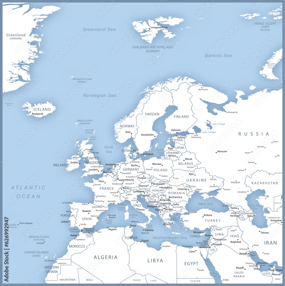 Map of Europe with names of countries, capitals and cities. Stock ...
