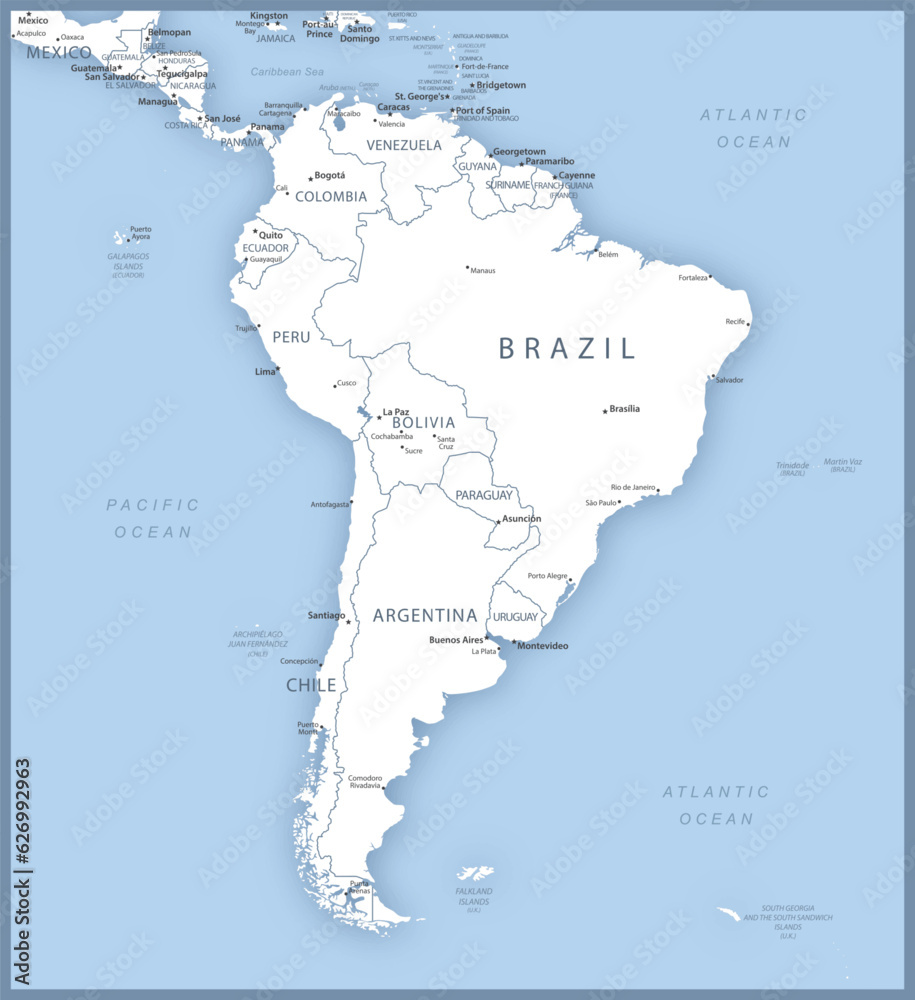 Map of South America with names of countries, capitals and cities ...