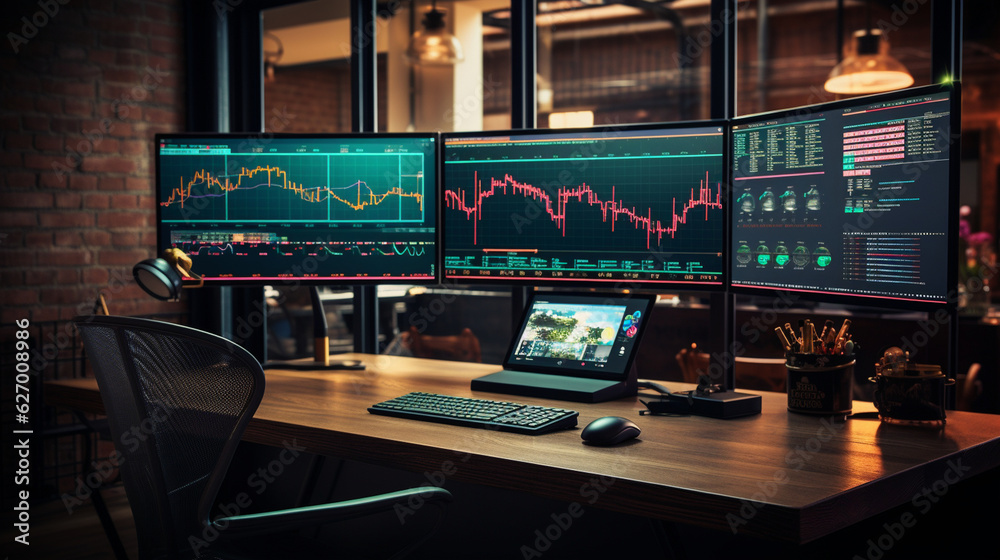 The trader's computer desk featuring an ultra-wide curved monitor ...