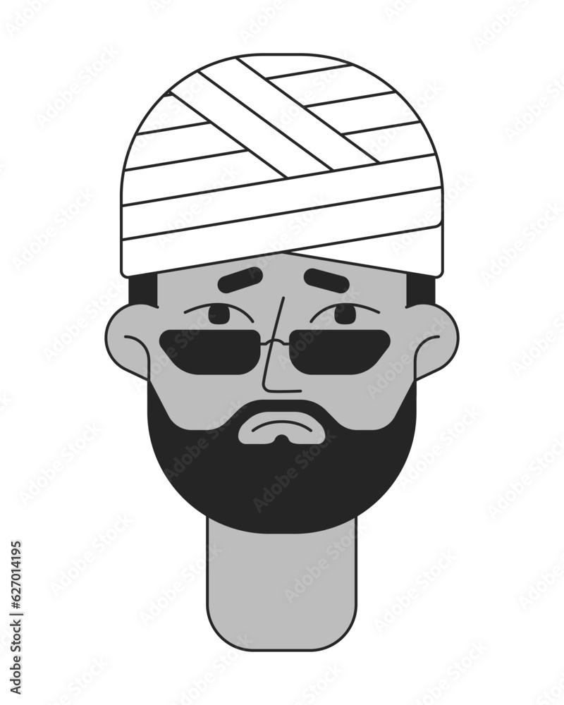 Unhappy man with injury monochrome flat linear character head. Wrapped ...