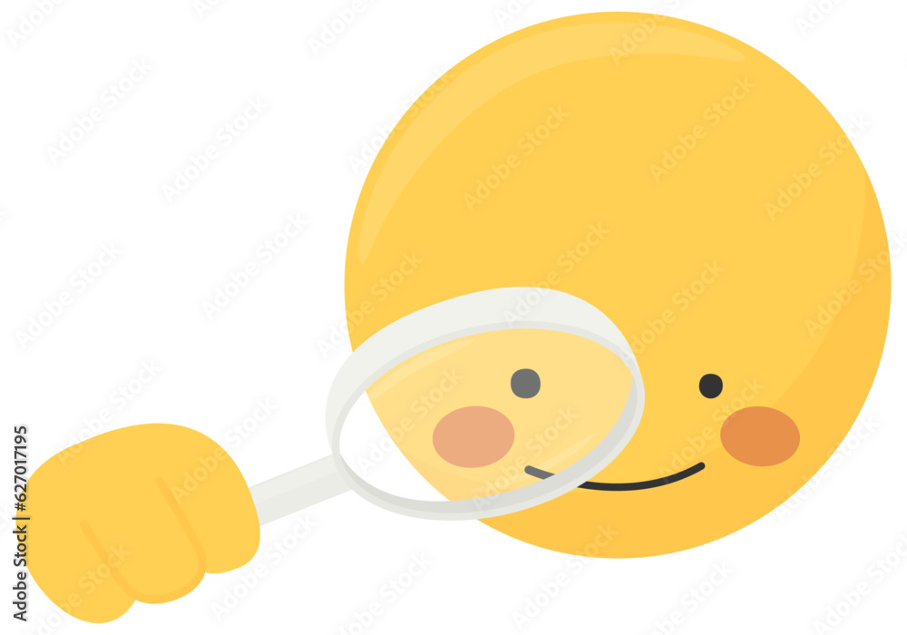 Vector de Stock Happy smiley emoji face with a magnifying glass in hand ...