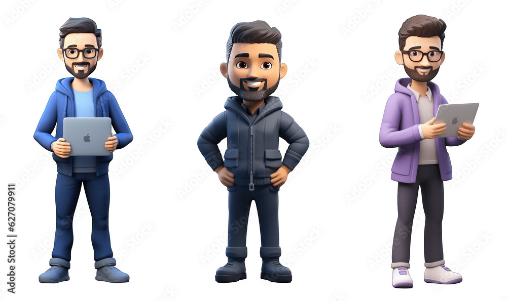 set of funny cartoon hipster software engineer 3d avatar character ...